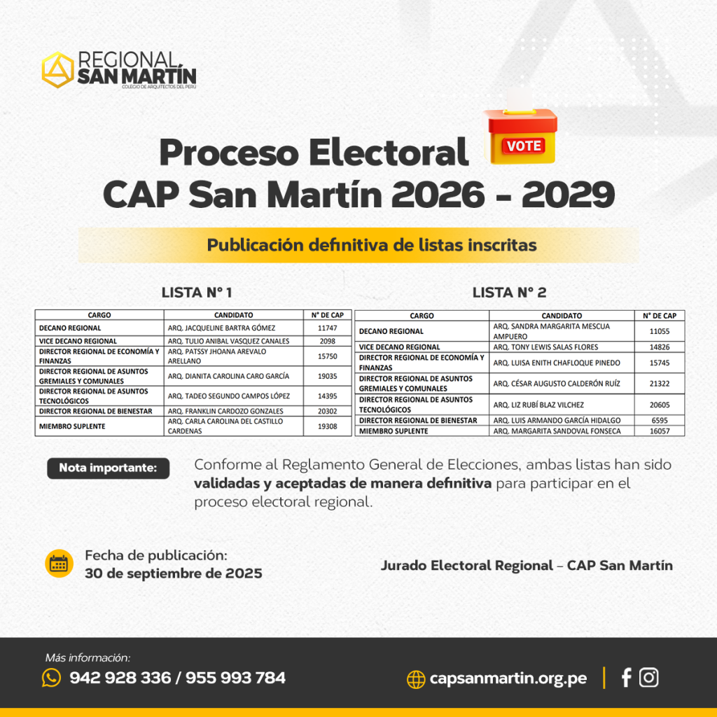 Proceso Electoral CAP San Martín 2026 – 2029 - Colegio de Arquitectos ...