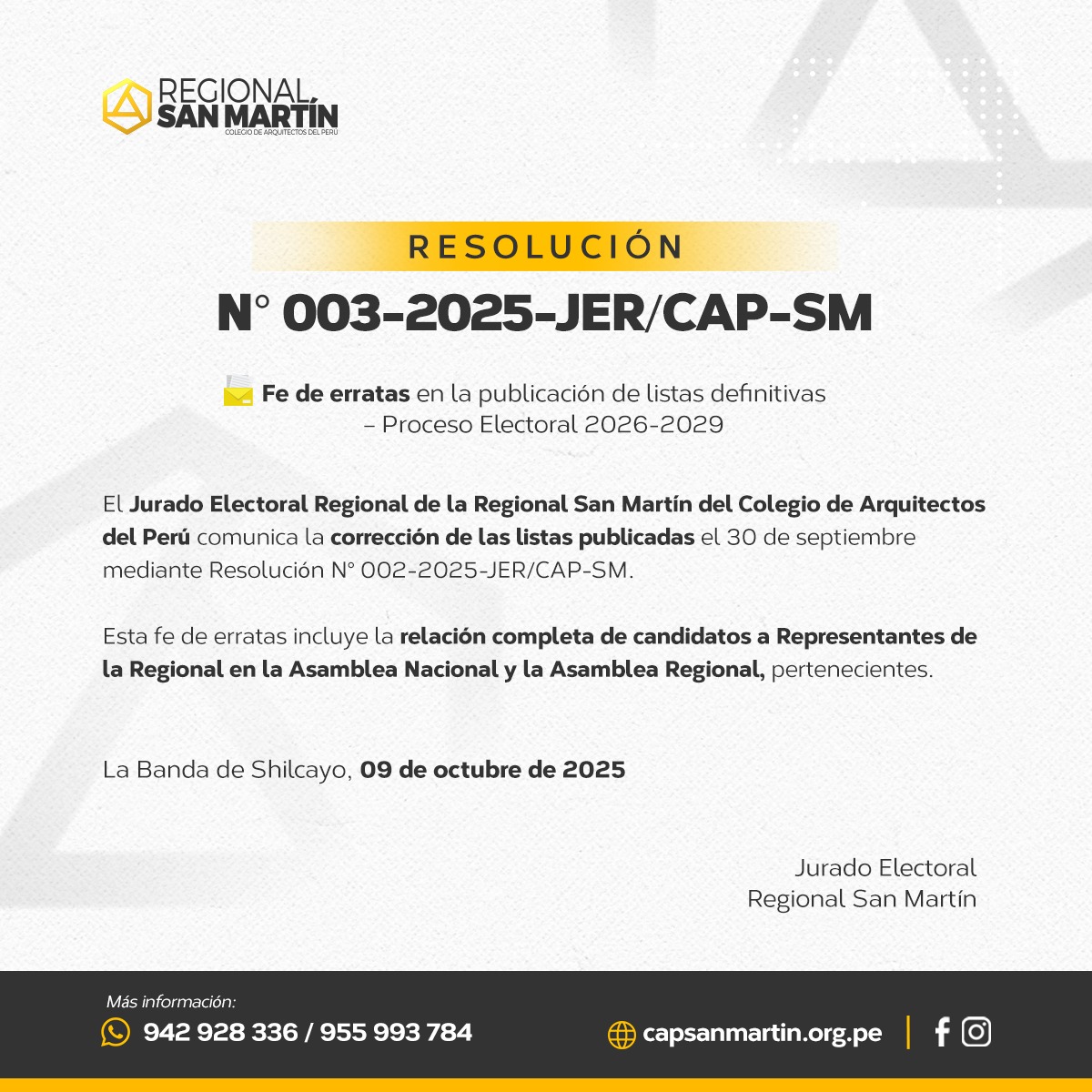 Proceso Electoral CAP San Martín 2026–2029 / Resolución N.° 003-2025 ...