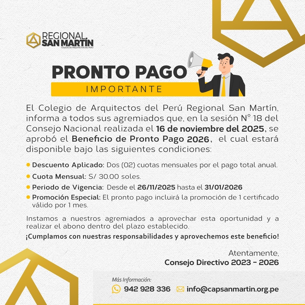 Beneficio de Pronto Pago 2026 - Colegio de Arquitectos del Perú ...